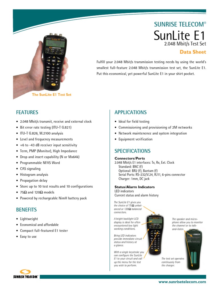 Sunrise Telecom Sunlite E1 Datasheet PDF | PDF | Telecommunications ...