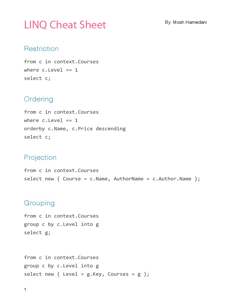 LINQ Cheat Sheet: Restriction | PDF