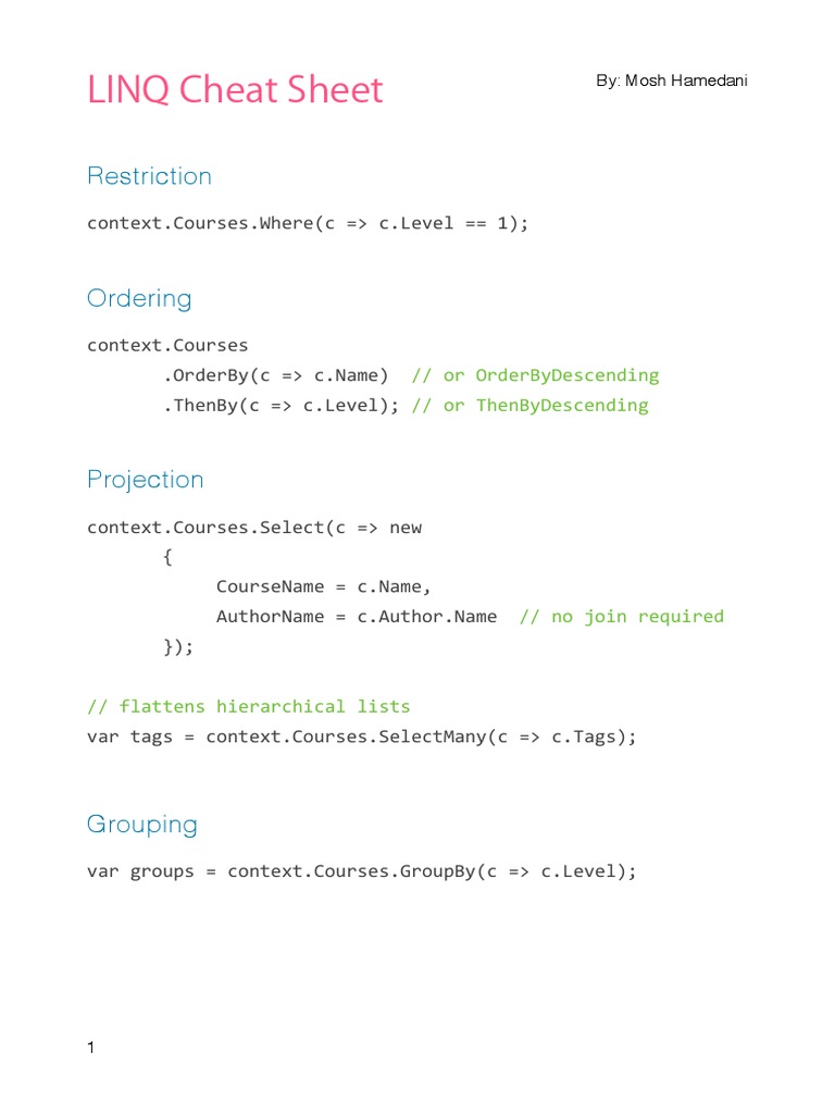 5.1 LINQ Cheat Sheet Extension Methods PDF | PDF | Language Integrated Query | Data Management ...