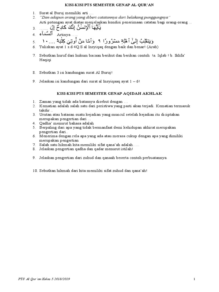 Kisi Kisi Kelas 5 Al Islam | PDF