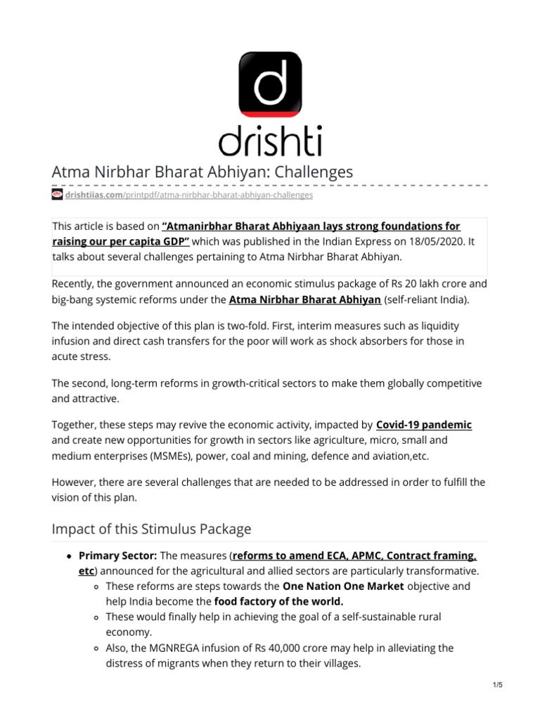 Atma Nirbhar Bharat Abhiyan Challenges | PDF | Economy Of India | Money