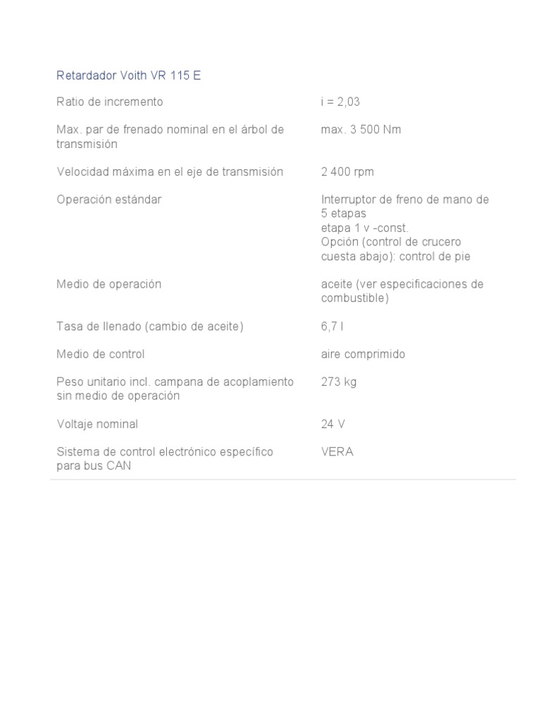 Retardador Voith VR 115 E Especificaciones | PDF