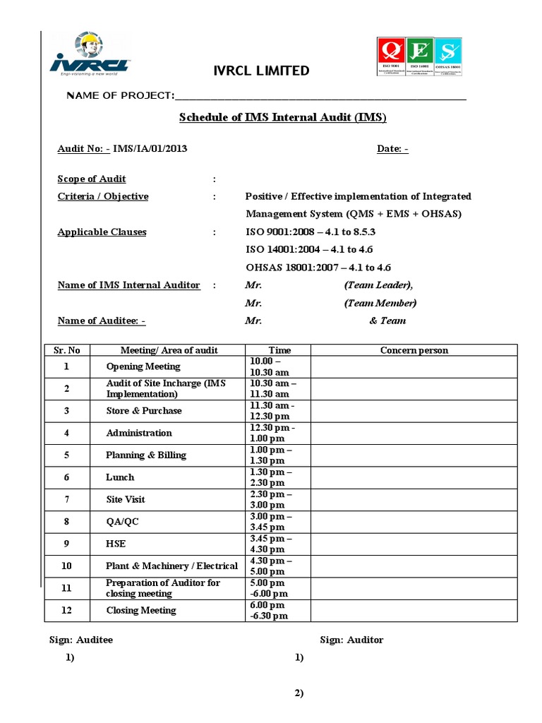 IMS Internal Audit Schedule | PDF | Internal Audit | Audit