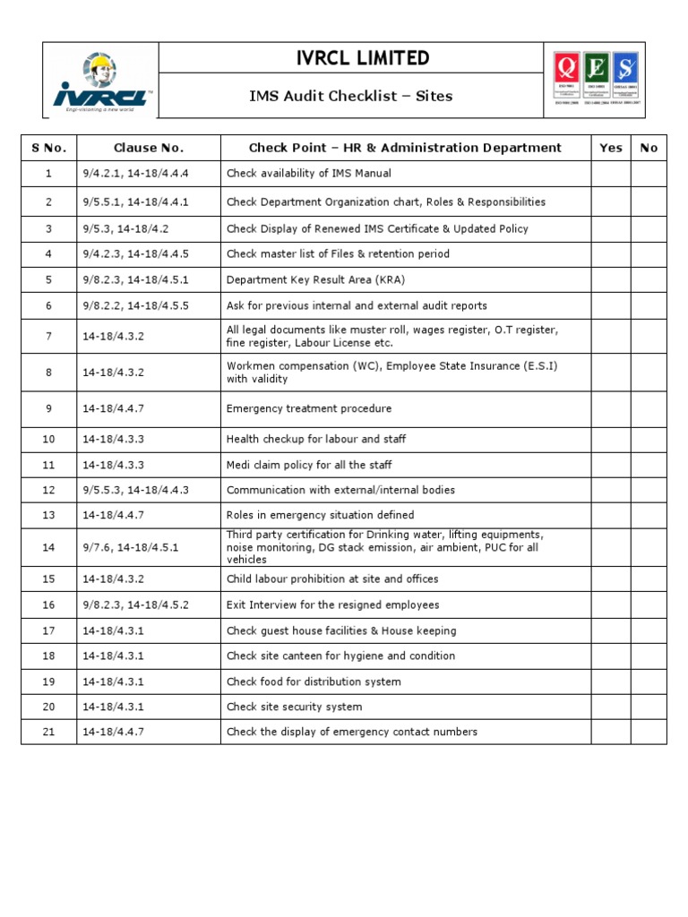 IVRCL IMS Audit Checklist | PDF | Occupational Safety And Health | Audit