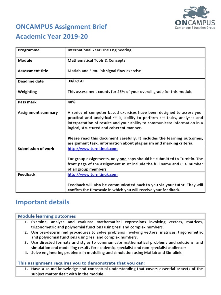 Assignment Brief - Matlab and Simulink Signal Flow Exercise 2020 | PDF ...