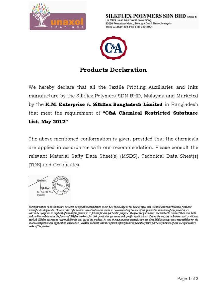 Product Compliance Declaration: Textile Printing Auxiliaries and Inks ...