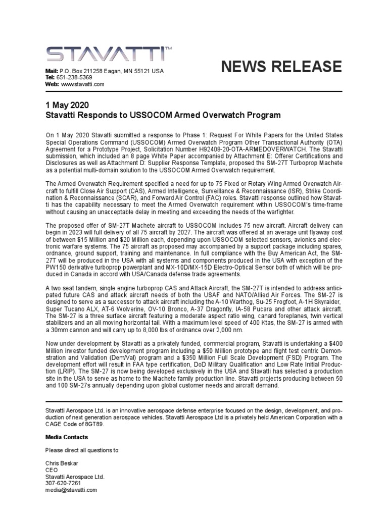 Stavatti Responds To Ussocom Armed Overwatch Program | PDF | Close Air ...
