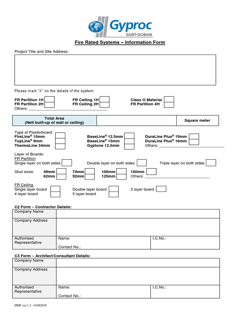 Fire Rated Systems - Information Form: FRIF Ver.1.2 - 01062019 | PDF