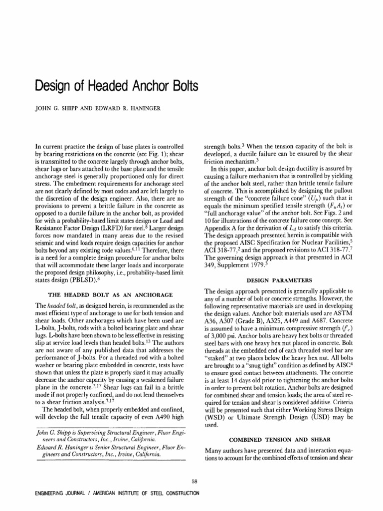 Design of Headed Anchor Bolts PDF | PDF
