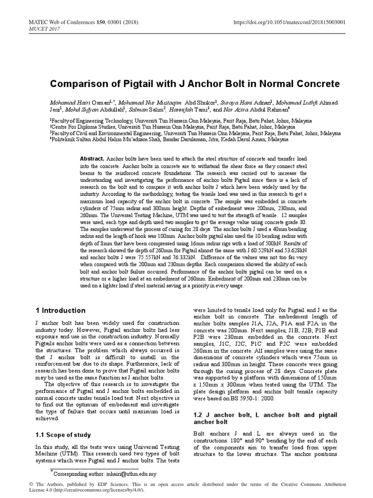Comparison of Pigtail With J Anchor Bolt in Normal Concrete | PDF ...