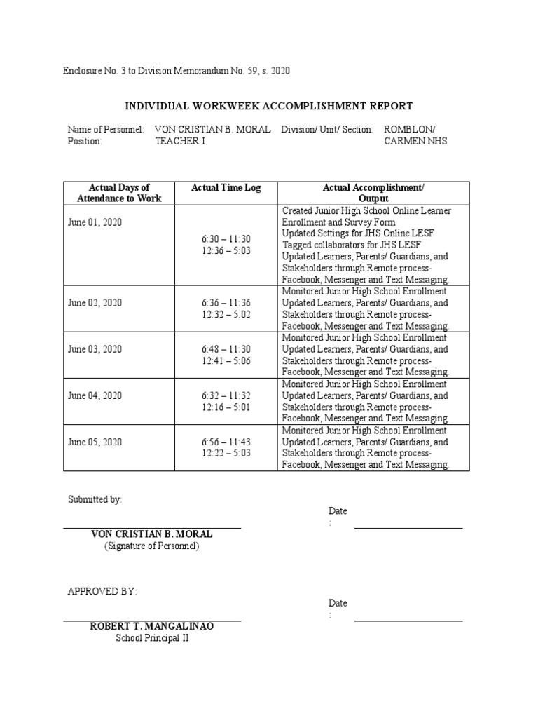 Individual Workweek Accomplishment Report | Download Free PDF | World ...