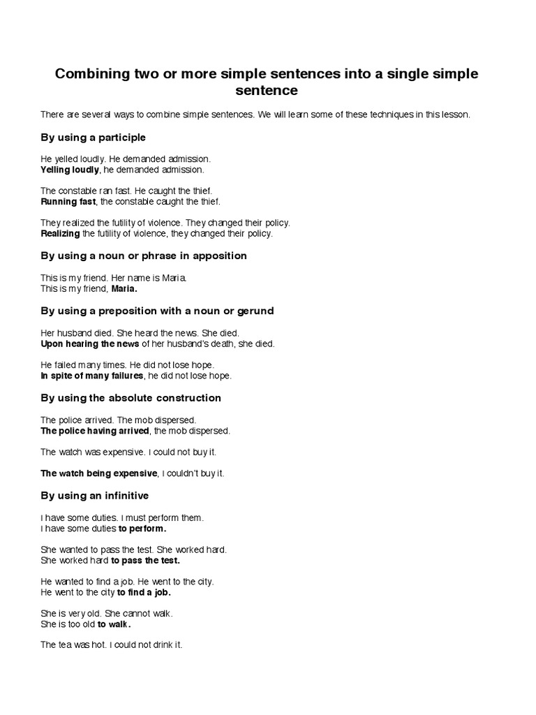 Combining Two or More Simple Sentences Into A Single Simple Sentence | PDF