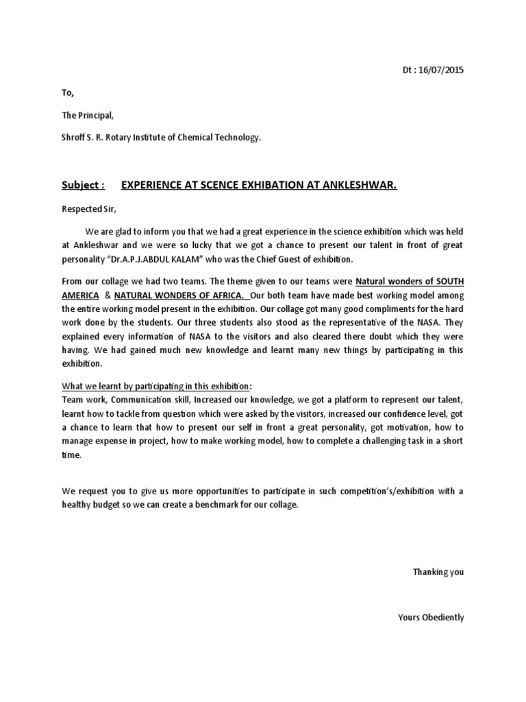 Subject: Experience at Scence Exhibation at Ankleshwar | PDF