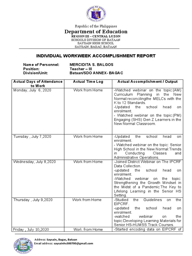 Department of Education: Individual Workweek Accomplishment Report | PDF | Education Theory ...