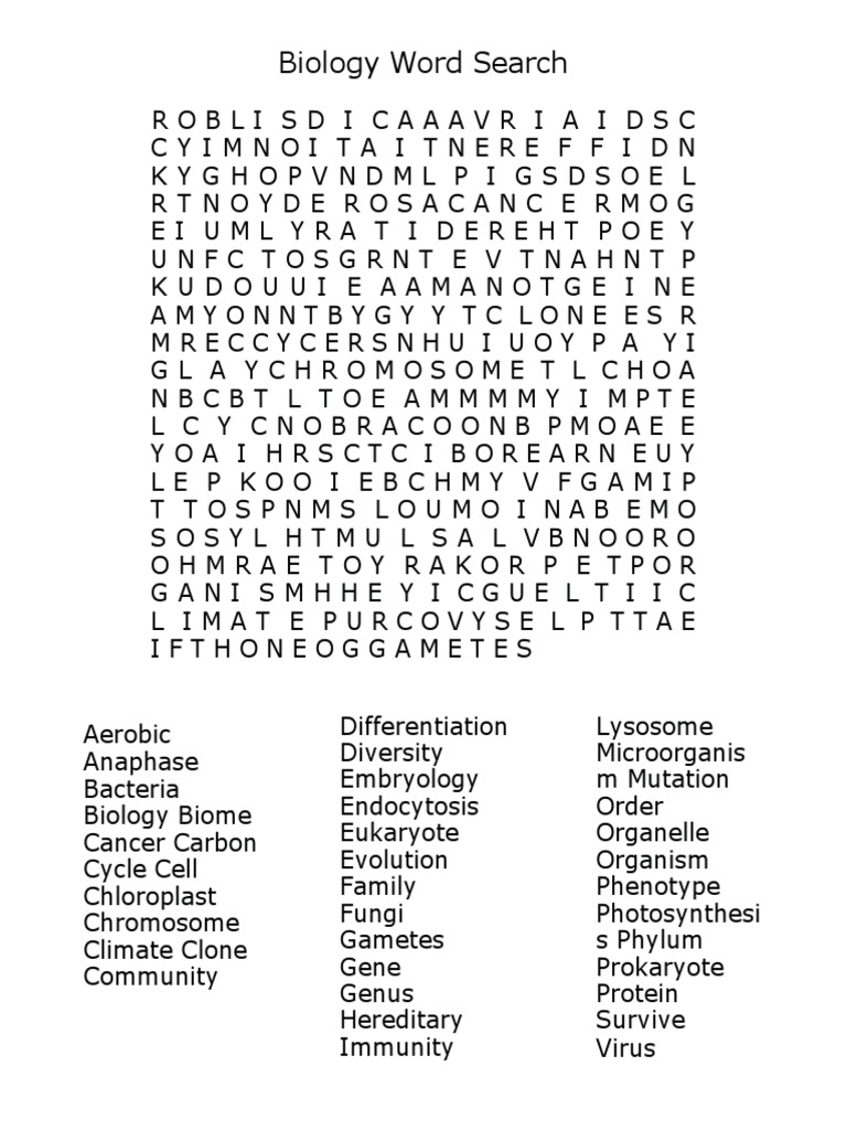 Biology Word Search Puzzles Key Concepts Such as Cell Cycle, DNA ...