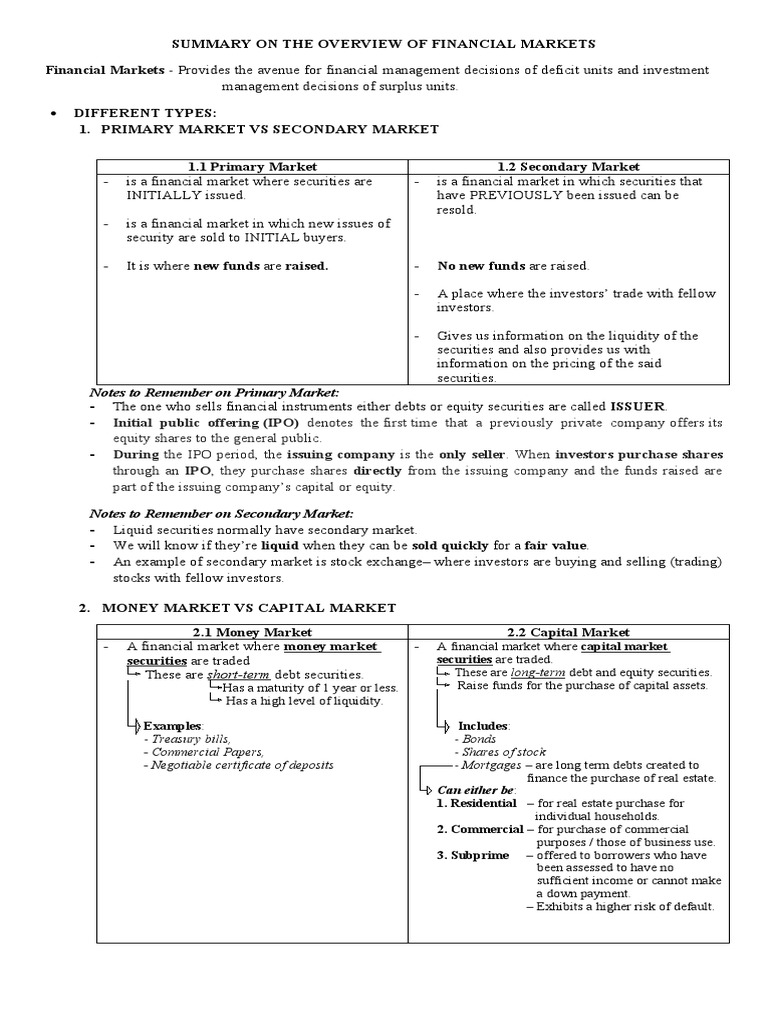 Notes On The Overview of Financial Markets | PDF | Financial Markets ...