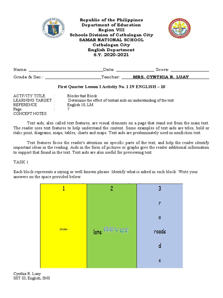 ACT - SHEETS-English10-Week1-8days-CYNTHIA LUAY | PDF | Minotaur | Theseus