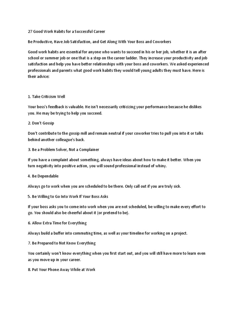27 Essential Work Habits for Success | PDF | Behavioural Sciences ...