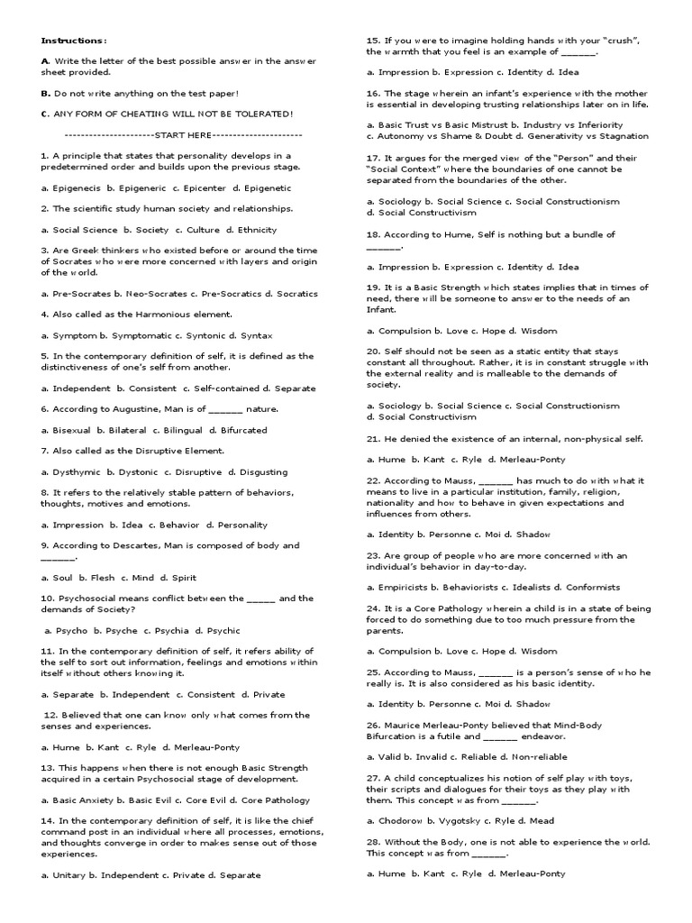 Instructions: A. Write The Letter of The Best Possible Answer in The ...