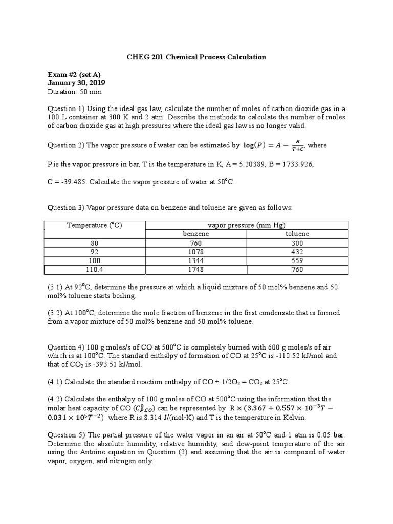 Exam #2 (Set A) For Chemical Process Calculation 2018 PDF | PDF