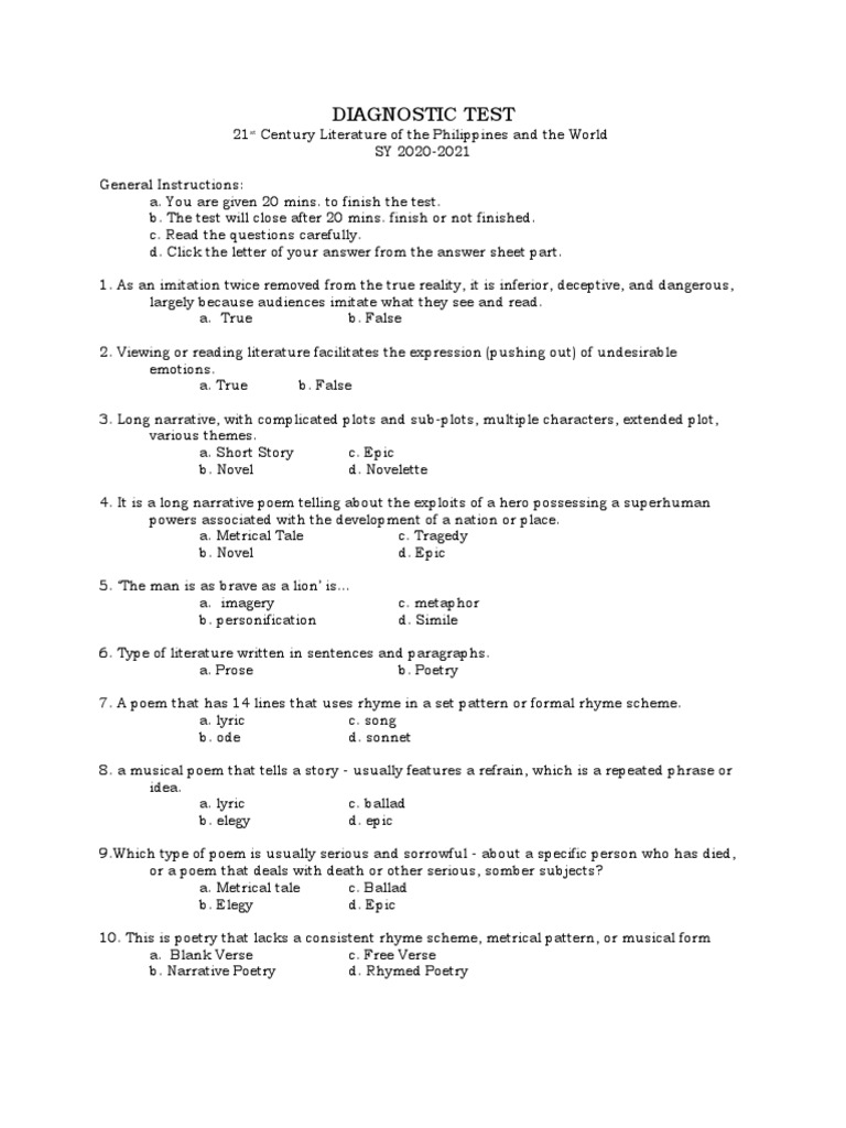 Diagnostic Test | PDF | Phonaesthetics | Literary Theory