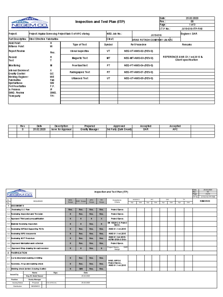 Inspection and Test Plan (ITP) : REFERENCE AWS D1.1 Ed.2015 & Client ...