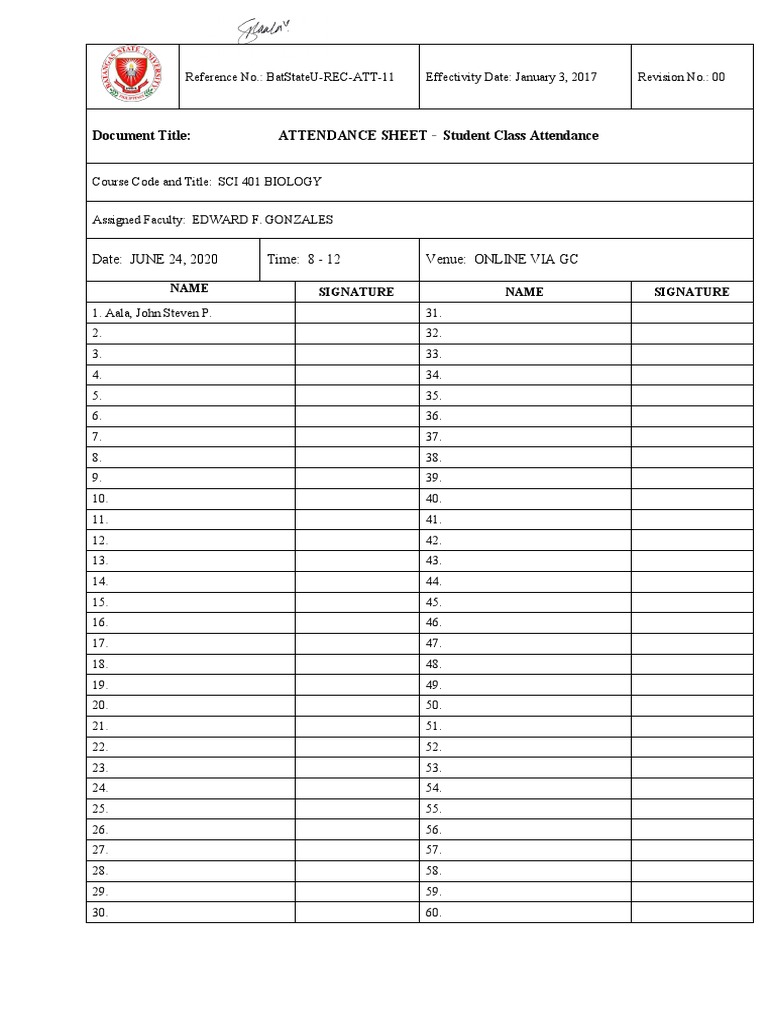 Document Title: ATTENDANCE SHEET Student Class Attendance: Name ...