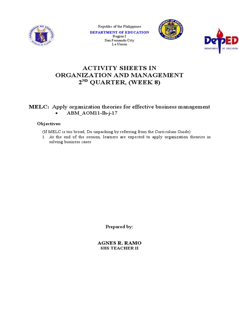 Activity Sheets in Organization and Management 2 Quarter, (Week 8 ...