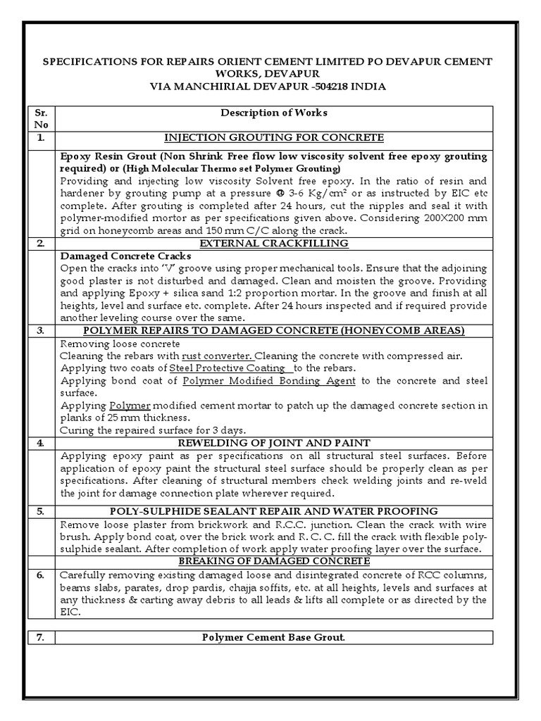 Specifications For Repair Work of Chimney | PDF | Epoxy | Concrete