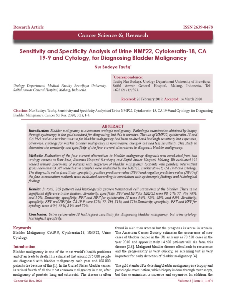 Sensitivity and Specificity Analysis of Urine nmp22 Cytokeratin18 Ca ...