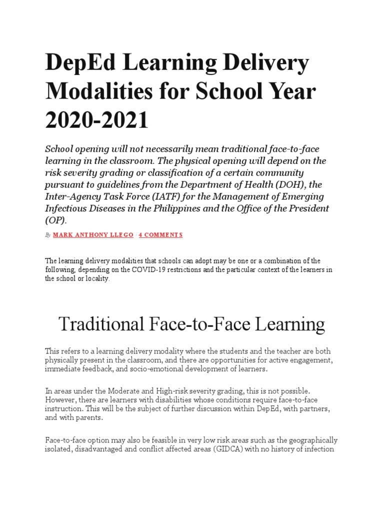 DepEd Learning Delivery Modalities For School Year 2020 | Download Free ...