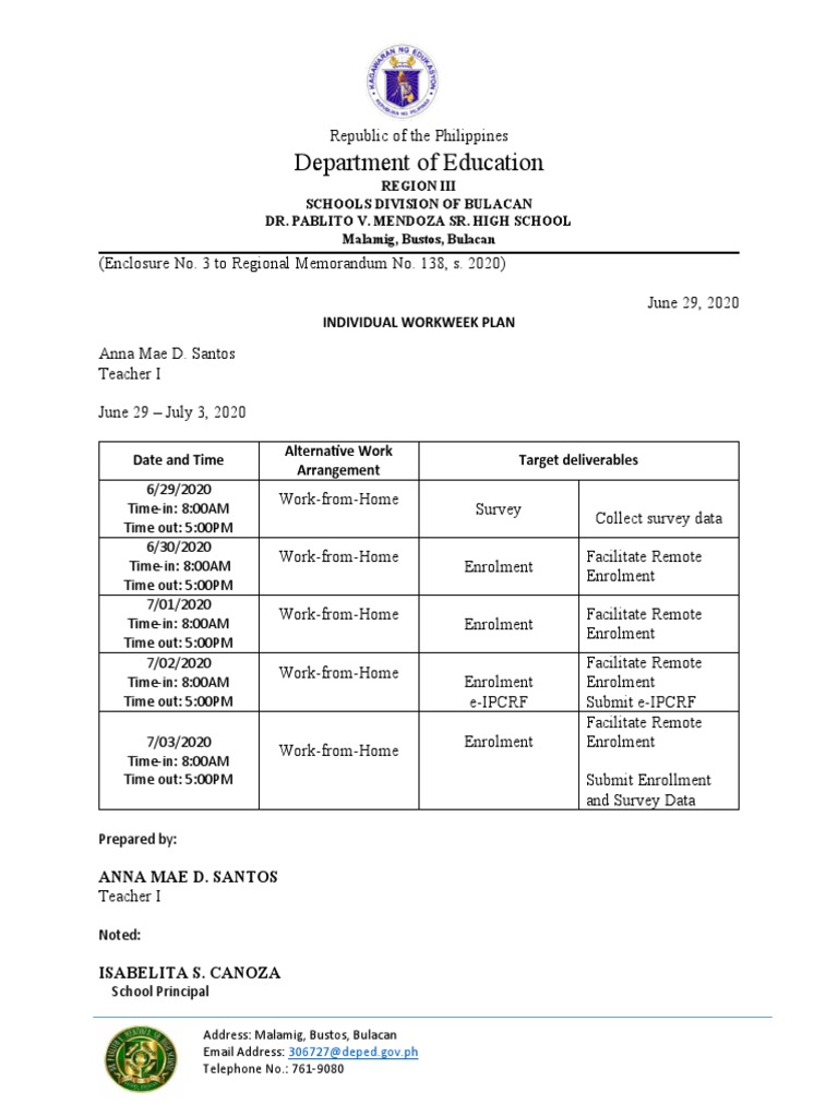 Department of Education: Individual Workweek Plan | PDF | Business