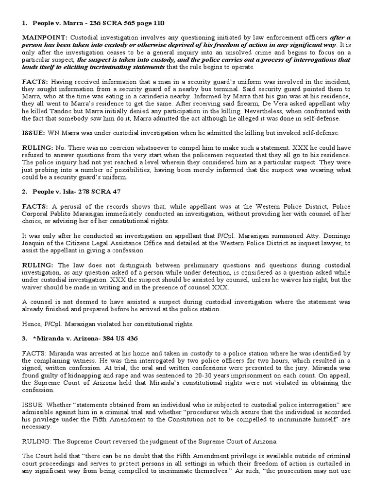 Custodial Rights and Confessions Analysis | PDF | Miranda Warning ...