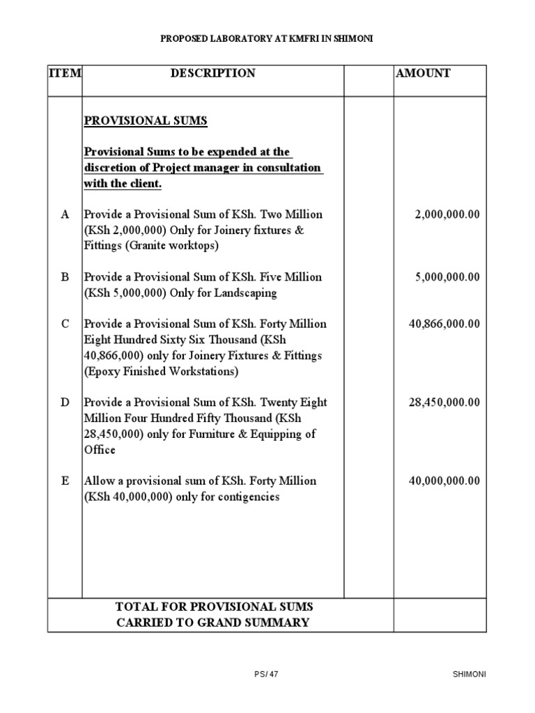 Provisional Prime Cost Sums Grand Summary 1 | PDF | Nature