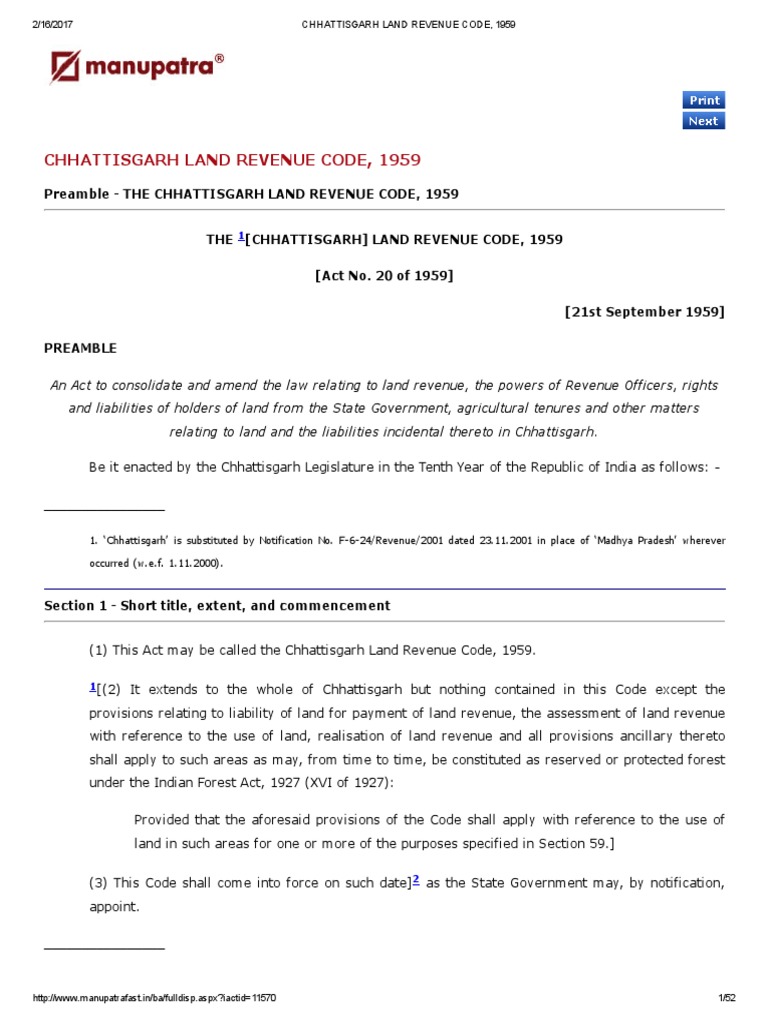 Chhattisgarh Land Revenue Code, 1959 PDF | PDF | Lease | Jurisdiction