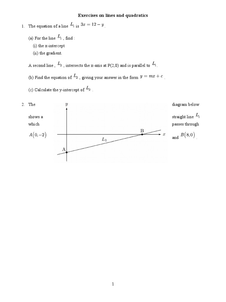 Exercises On Lines and Quadratics | PDF | Line (Geometry) | Perpendicular