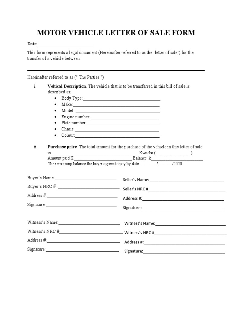 Motor Vehicle Letter of Sale Form: Date | PDF