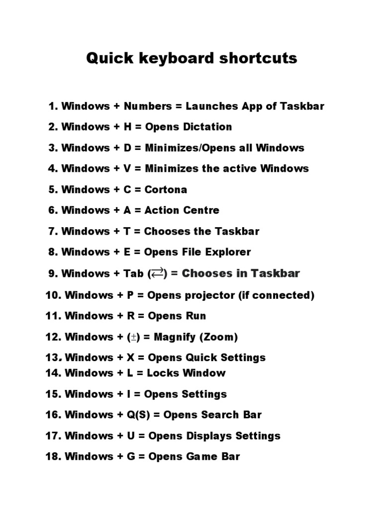 Quick Keyboard Shortcuts:) Chooses in Taskbar | PDF | Teaching Methods ...