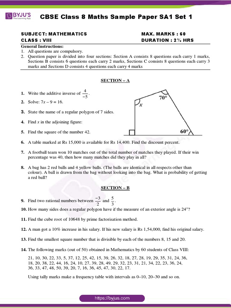 CBSE Class 8 Maths Sample Paper SA1 Set 1 PDF | PDF | Teaching Mathematics