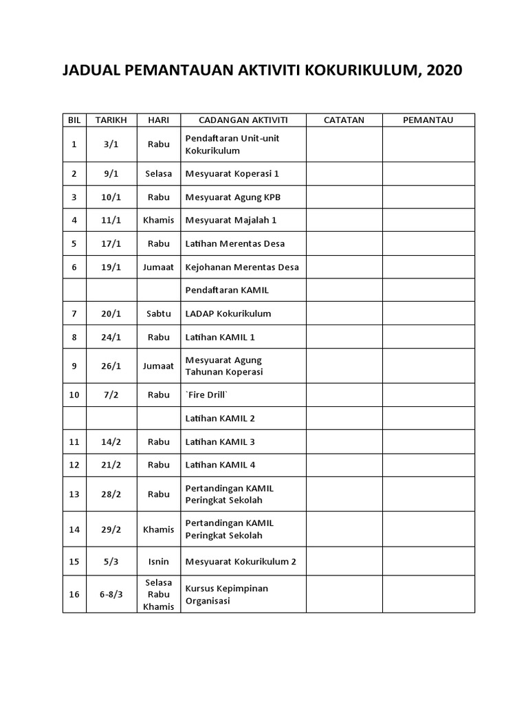 Jadual Pemantauan Aktiviti Kokurikulum | PDF