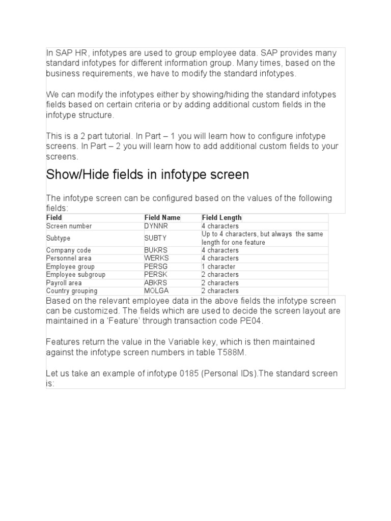Show/Hide Fields in Infotype Screen: Field Field Name Field Length ...