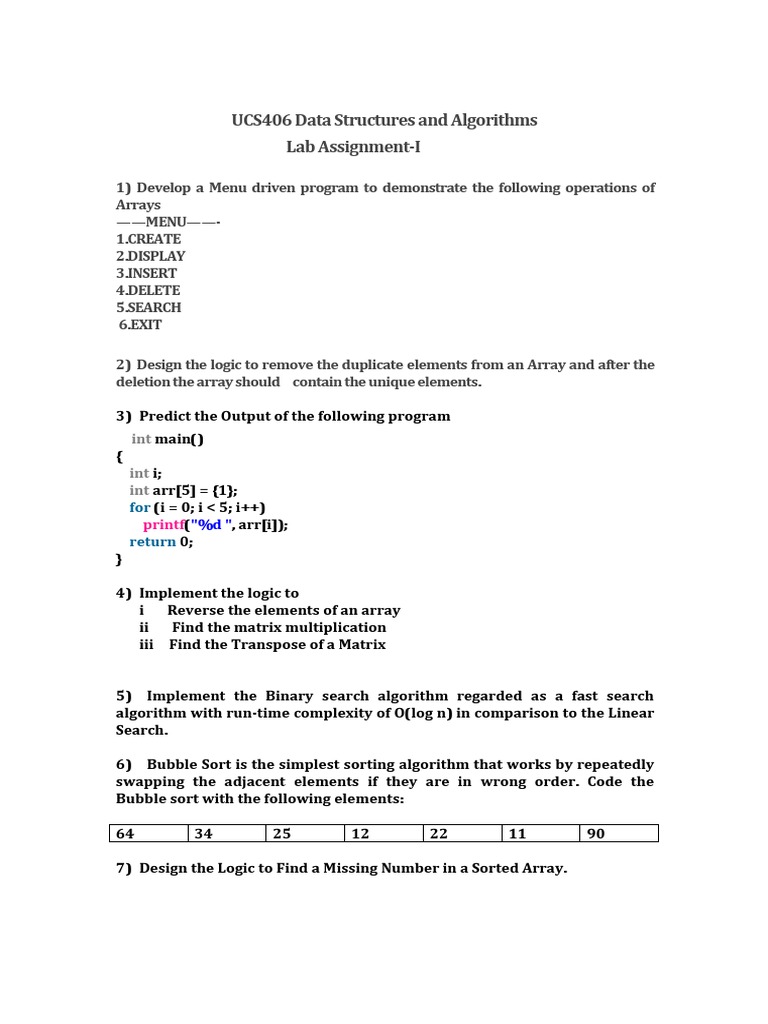 UCS406Data Structuresand Algorithms Lab Assignment-I: Int Int Int | PDF
