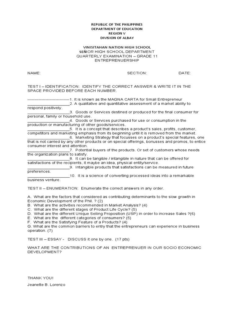 Entrep Ist Sem QE | PDF | Entrepreneurship | Marketing