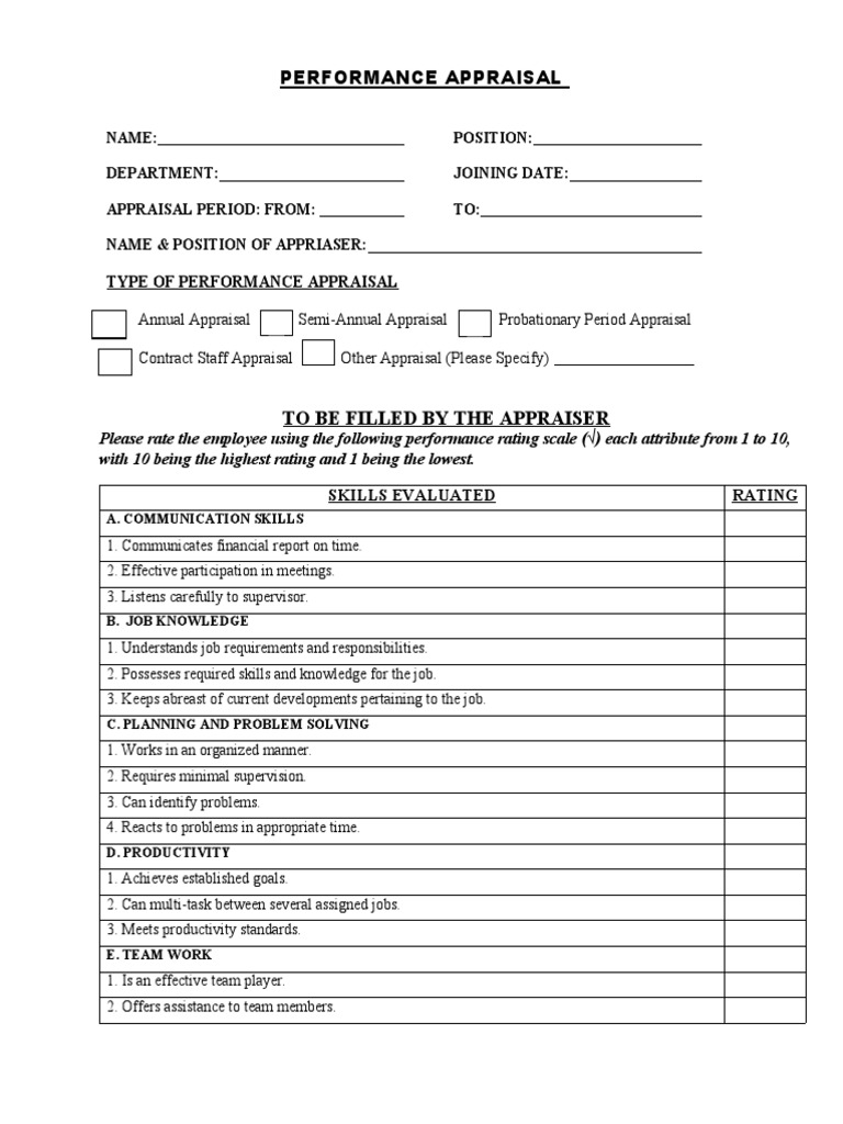 Performance Appraisal: To Be Filled by The Appraiser | PDF ...