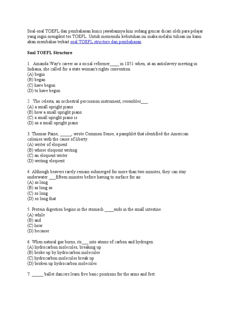 Soal TOEFL Structure Dan Pembahasan | PDF | Verb | Adverb