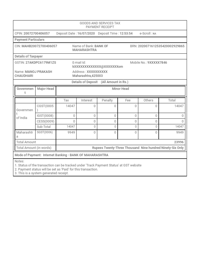 GST Payment Receipt for Manoj | PDF