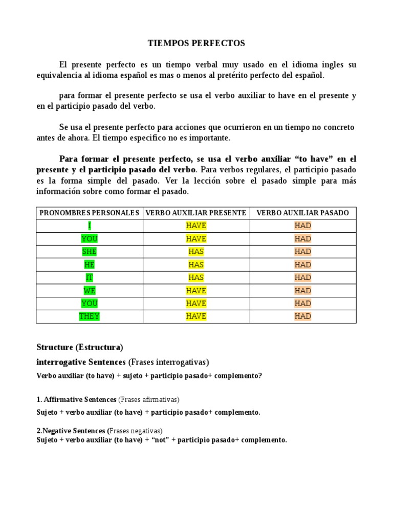 Tiempos Perfectos Resueltos | PDF | Verbo | Asunto (gramática)