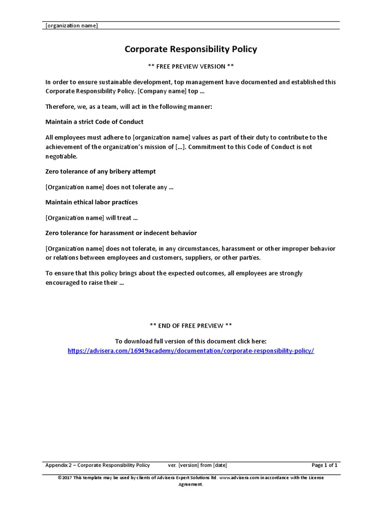 Corporate Responsibility Policy: Maintain A Strict Code of Conduct | PDF