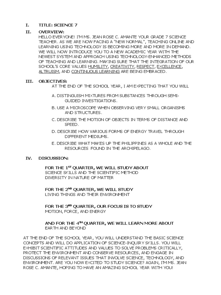 I. Title: Science 7 II. Overview | PDF | Social Science | Philosophy
