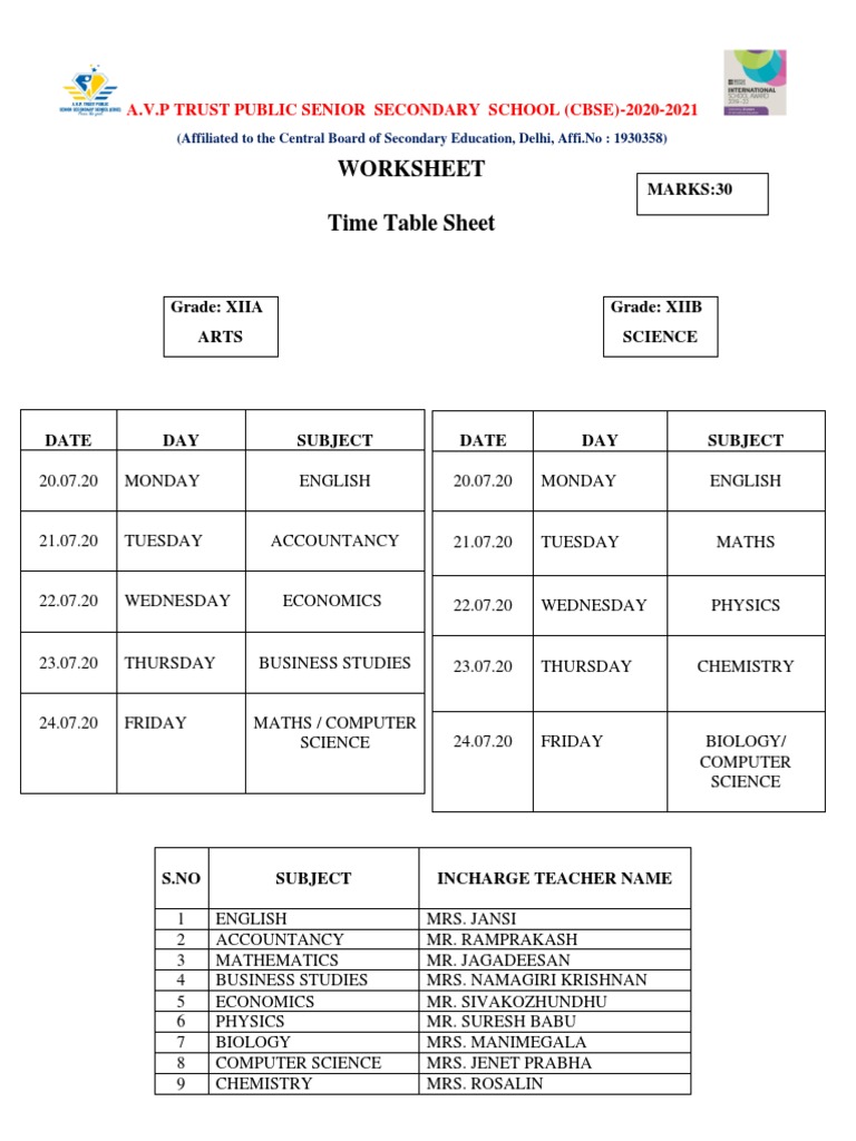 Worksheet Time Table Sheet: A.V.P Trust Public Senior Secondary School ...